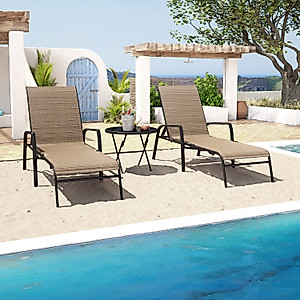 Devoko Patio Chaise Lounges Sets Outdoor Lounge Chairs with Adjustable Backrest & Sturdy Glass Top Coffee Table Suitable for Poolside, Beach, Backyard, Garden (Beige)