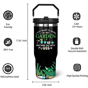30oz Plant Tumbler with Handle and Straw, Black Plant Stainless Steel Vacuum Insulated Flip Straw Coffee Cups Spill Proof Travel Mug, Plant Gifts for Plant Lovers Gardeners, Gardening Gifts for Women