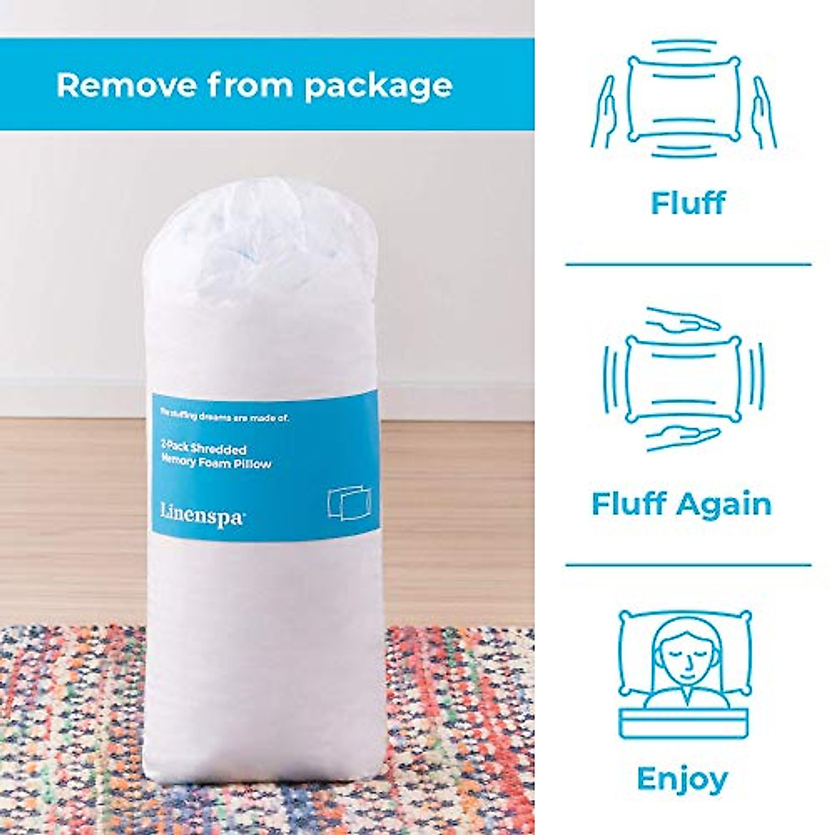 LINENSPA Two Pack Shredded Gel Memory Foam Pillow – Cooling Bed Pillow – Side, Stomach, and Back Sleepers – Pack of 2 – Standard