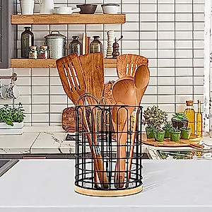 DeaLott Kitchen Utensil Holder for Countertop, 7.28'' Large Cooking Utensils Holder with Bamboo Base, Black Metal Wire Utensil Holder for Countertop, Kitchen Countertop Utensil Organizer