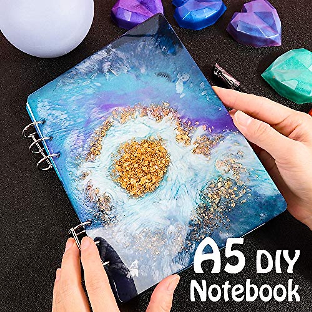 3Pcs Notebook Cover Resin Casting Molds for A5 A6 A7, LEOBRO Notebook Cover Silicone Molds, Resin Notebook Molds, Silicone Resin Molds for Notebook Epoxy Resin DIY, with Book Rings, Tweezers, Spoons
