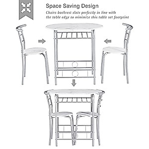 VECELO 3 Piece Small Round Dining Table Set for Kitchen Breakfast Nook, Wood Grain Tabletop with Wine Storage Rack, Save Space, 31.5", White & Silver