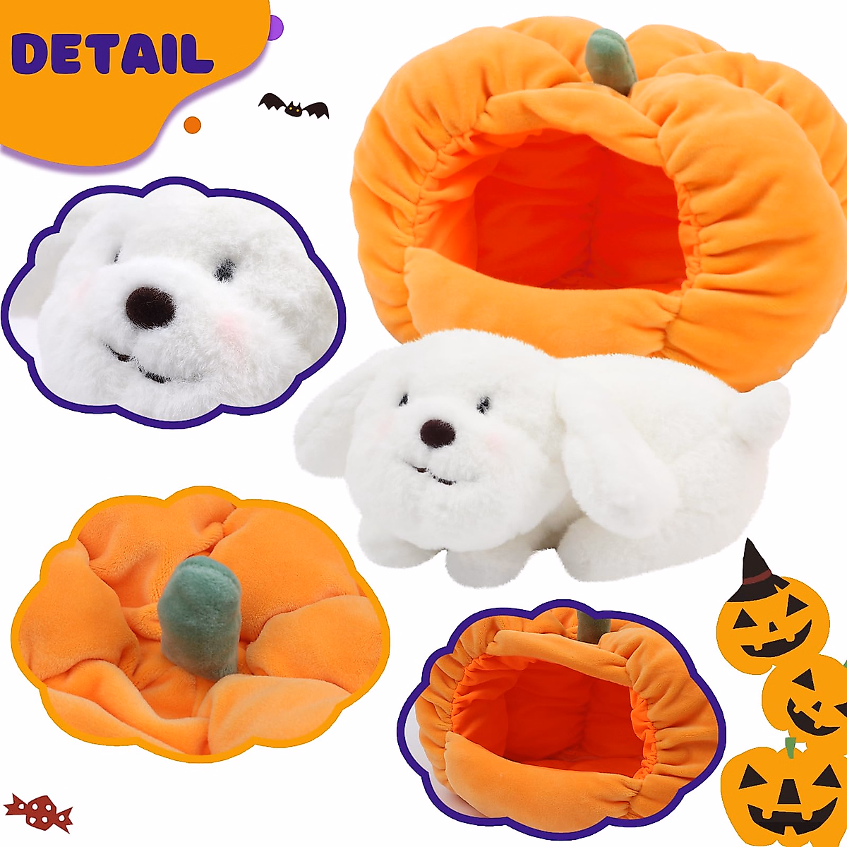 Hopearl Halloween Puppy Pumpkin Cave Sufffed Animal 2 in 1 Playset Pet with Pumpkin House Plush Toy Pillow with Separable Dog Gift for Kids, 9.5''