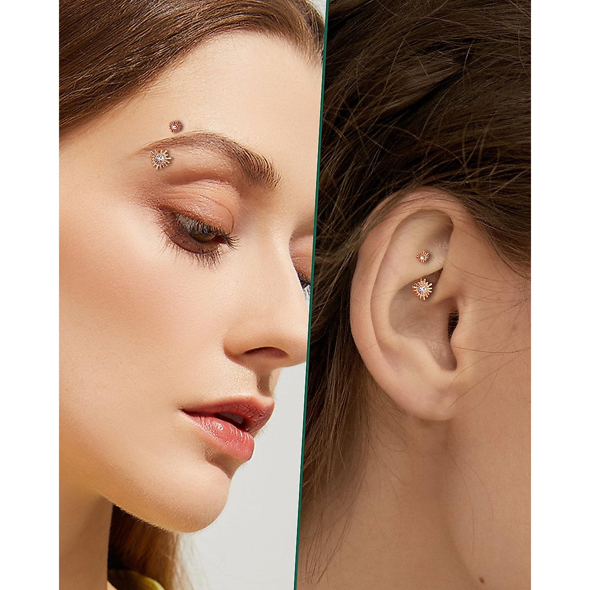 COCHARM Sun Rook Earrings 16g 18K Rose Gold Sun Piercing Jewelry 6mm Rook Barbell 6mm Short Rook Bar Cute Daith Earring Daith Rook Piercing