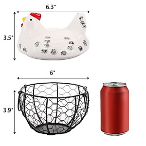 AVLA Chicken Egg Basket, Black Wire Egg Collection Baskets with Ceramic Lid for Gathering Fresh Eggs, Chicken Egg Holder, Decorative Farmhouse Style Cute Egg Storage Container for Kitchen, Countertop
