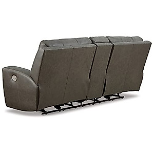 Signature Design by Ashley Roman Contemporary Tufted Leather Power Reclining Loveseat with Console and Adjustable Headrest, Gray