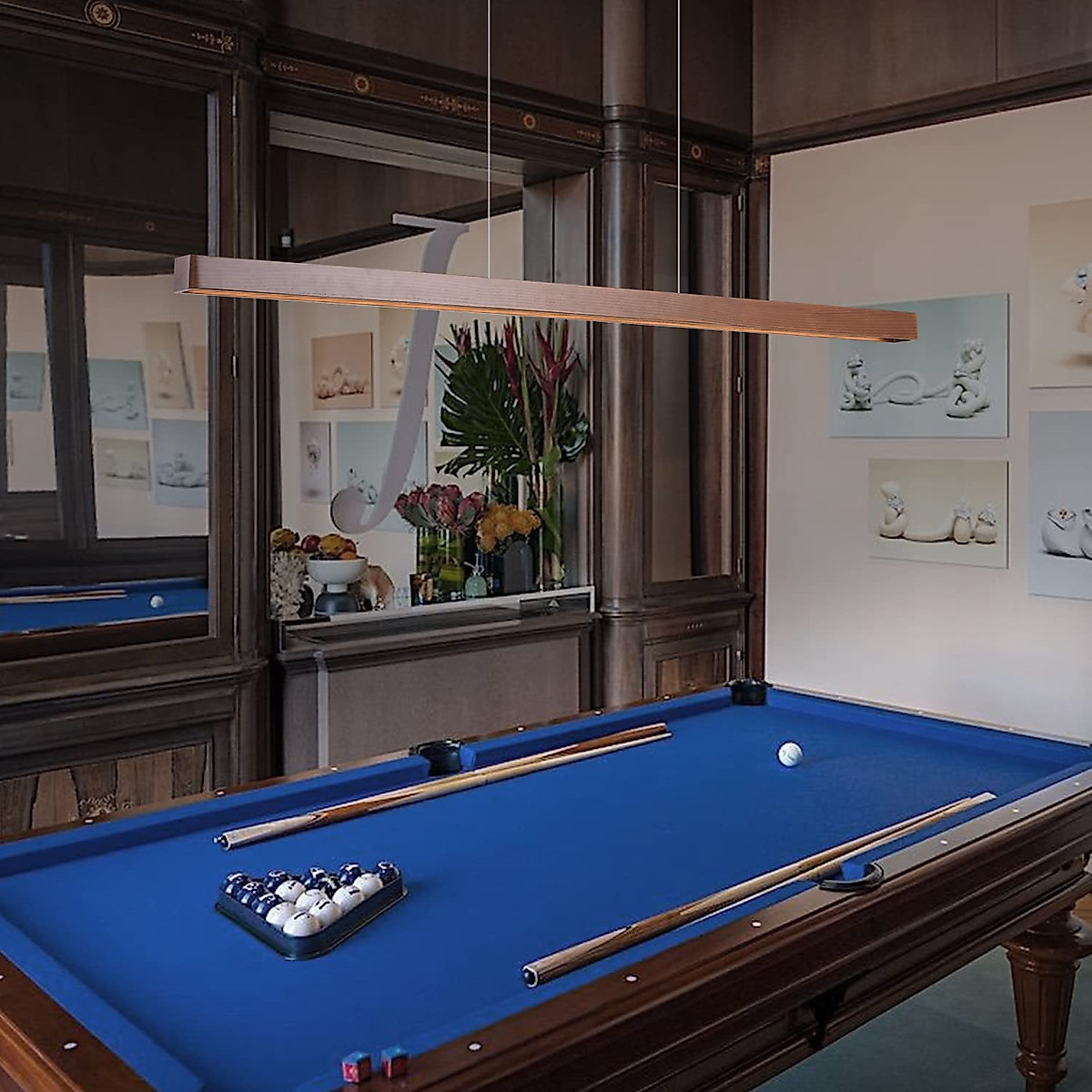 YISDESIGN 59" Wood Linear Pendant Light 40w Integrated Led Pendant Light Dimmable Ceiling Pendant Hanging Light Adjustable Billiard Pool Table Lights for Dining Room Kitchen Island Walnut Color