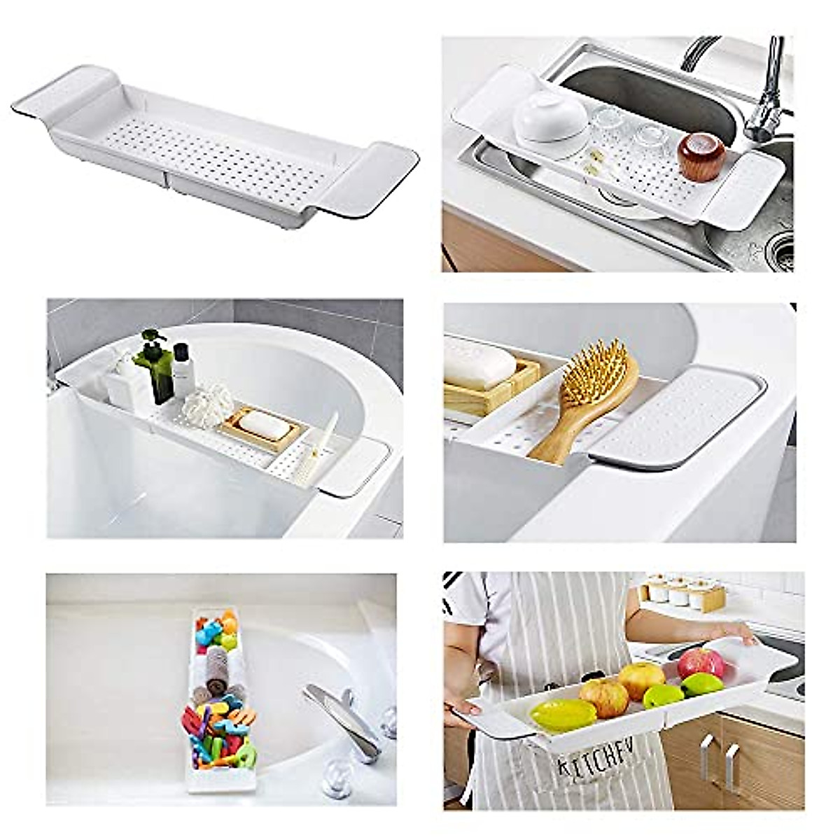 Expandable Bathtub Tray Drain Bath Caddy Tray Retractable Bath Caddy Tray Bathtub Storage Rack with Wine Glass Shelf Book Holder Candlestick Handle Dish Drain Rack