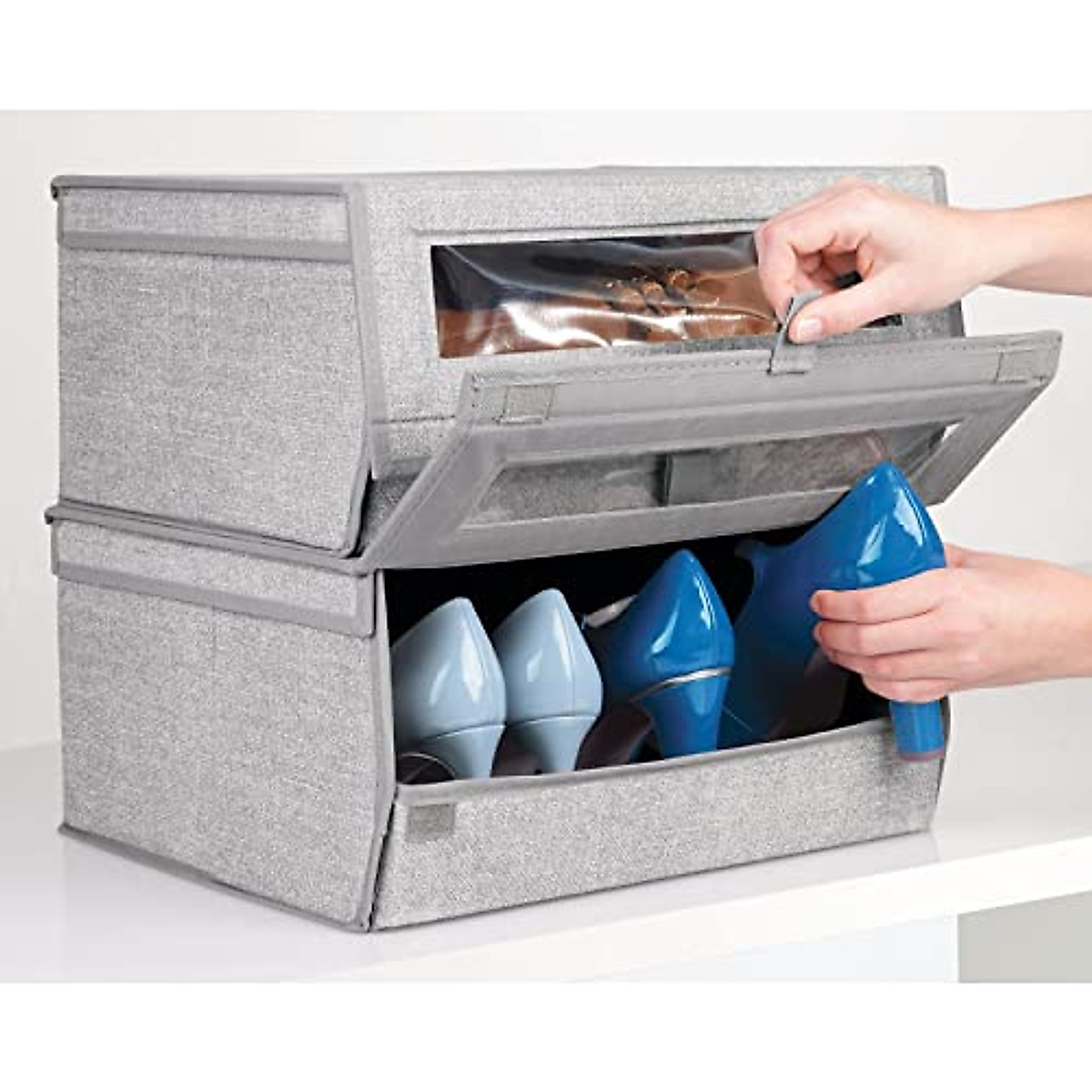 mDesign Large Fabric Closet Shoe Storage Box w/Clear Window - Shoe, Sandal, Sweater, Linen, Clothes Organizer - Boot Storage Solutions - Shoe Bin - Lido Collection, 2 Pack, Gray