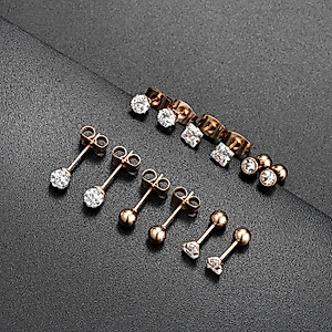 Tornito 6 Pairs Stainless Steel Stud Earrings CZ Ball Earring Set For Men Women 4MM/6MM/8MM Silver Rose Gold Tone
