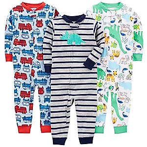 Simple Joys by Carter's Baby Boys' 3-Pack Snug Fit Footless Cotton Pajamas, Blue Firetruck/Grey Stripe/White Dinosaur, 3T