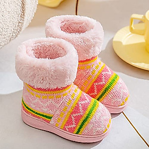 Anddyam Kids Fuzzy Warm Soft Boot Slipper Non-Slip House Shoes Outdoor Indoor Winter Knitted Cozy Warm Girls Boys Slipper 12-13 pink