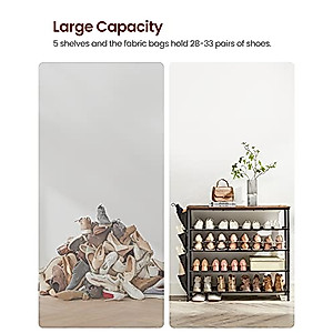 VASAGLE 5 Tier Extra Long Shoe Rack, 39.4 Inches Shoe Organizer with 8 Side Pockets, Shoe Shelf for Closet Entryway, with 4 Fabric Shelves, Steel Frame, Industrial, Rustic Brown and Black ULBS039B01