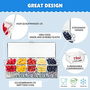 MHEOMTME Chilled Condiment Server Tray, Bar Fruit Caddy with Lid and 5 Removable Compartments, Clear Ice Condiment Serving Tray for Party, Toppings Bar Container, Garnish