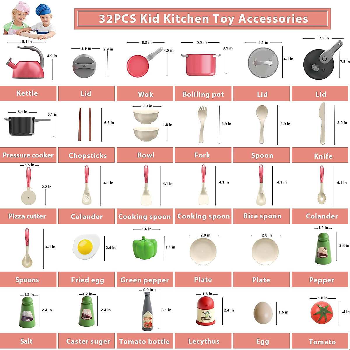 28℃ 32PCS Play Kitchen Accessories Toy,Kids Pretend Cooking Toys with Play Pots and Pans,Toddler Pretend Cooking Playset with Vegetables,Play Kitchen Toys for Girls Boys(Red).