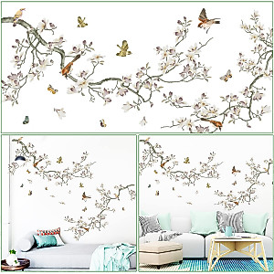 Green Leaf Branch Wall Decals White Flowers Wall Stickers DIY Removable Butterflies and Birds Wall Sticker Art Home Decoration for Kids Baby Girls Bedroom Classroom Offices Nursery TV Sofa Background (B)