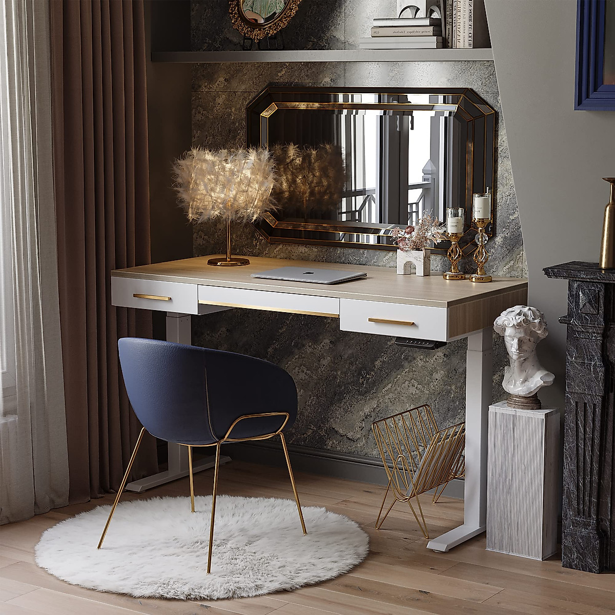 FEZIBO Mid Century Modern Electric Standing Desk with 3 Drawers, 48 x 26 Inches Whole Piece Sit Stand Up Home Office Desk, White Top with White Frame (2 Packages)