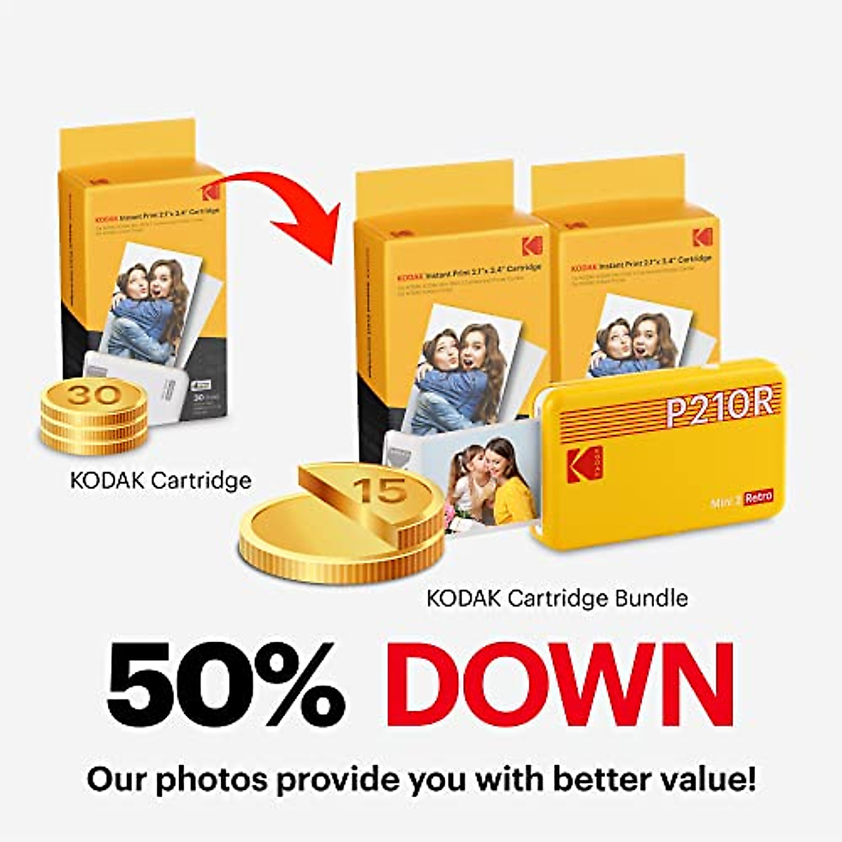 KODAK Mini 2 Retro 4PASS Portable Photo Printer (2.1x3.4 inches) + 8 Sheets, Black