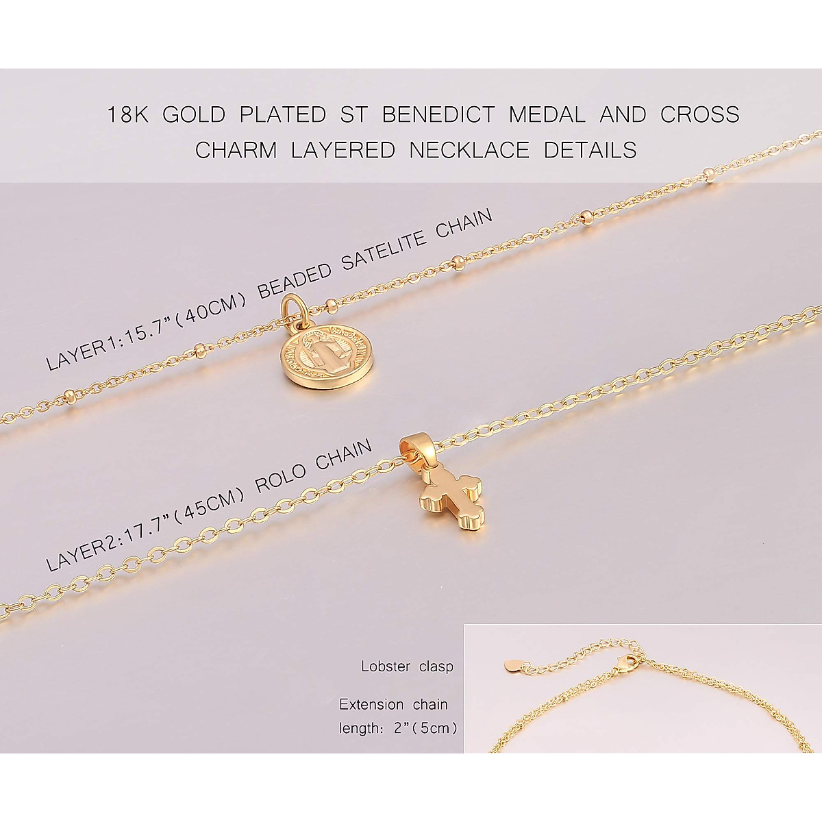 Dainty Tiny 18K Gold St Benedict Medals Layered Cross Necklace for Women Delicate Simple Cute Coin Pendant Statement Double Layering Chain Necklaces Evil Protection Religious Jewelry Catholic Gifts