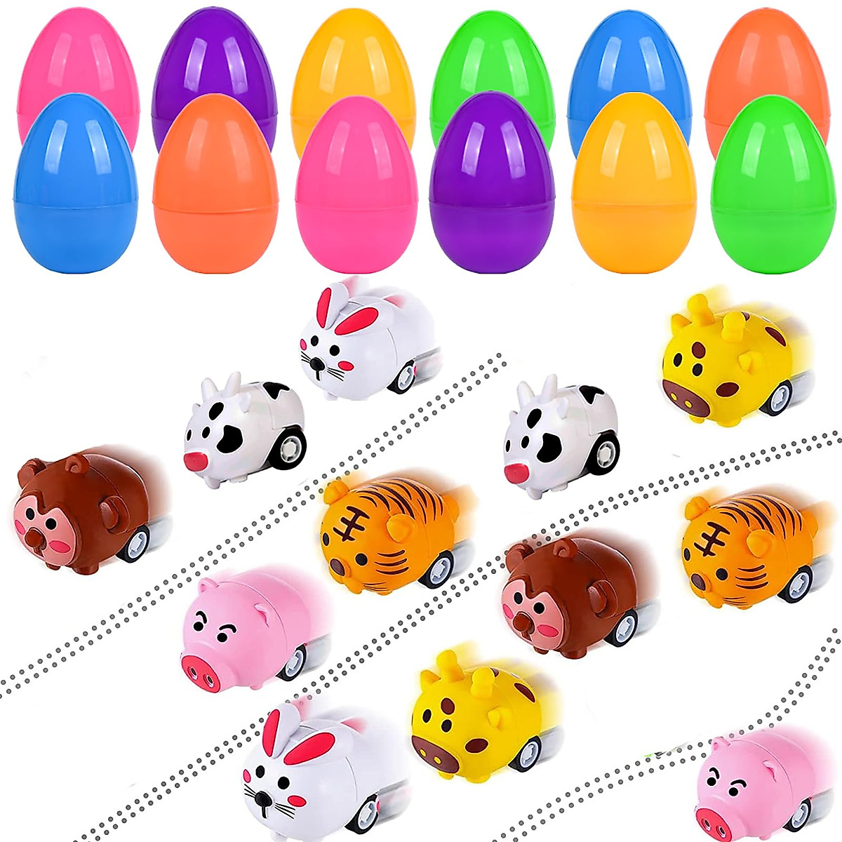 Kijamilee 12PCS Easter Eggs Filled with Pull Back Car Toys, Easter Basket Stuffer for Toddler Boy Girl, Plastic Easter Eggs Filler Easter Gift for Kids, Goodie Bag Fillers, Easter Egg Hunt Party Favor