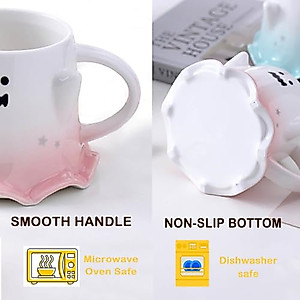 Mycheny Funny Halloween Pink Ghost Shape Ceramic Coffee Cup (14 oz), Cute Cartoon Little Elf Cup