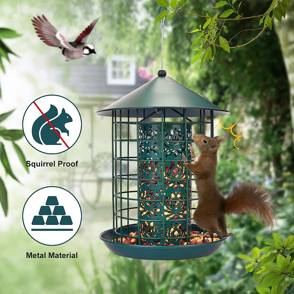 Gaprass Squirrel Proof Bird Feeders, Metal Bird Feeders for Outdoors Hanging, Bird Feeder for 360°Feeding Area for Wild Birds, Chew Proof & Rust Proof, 4lbs Capacity - Green