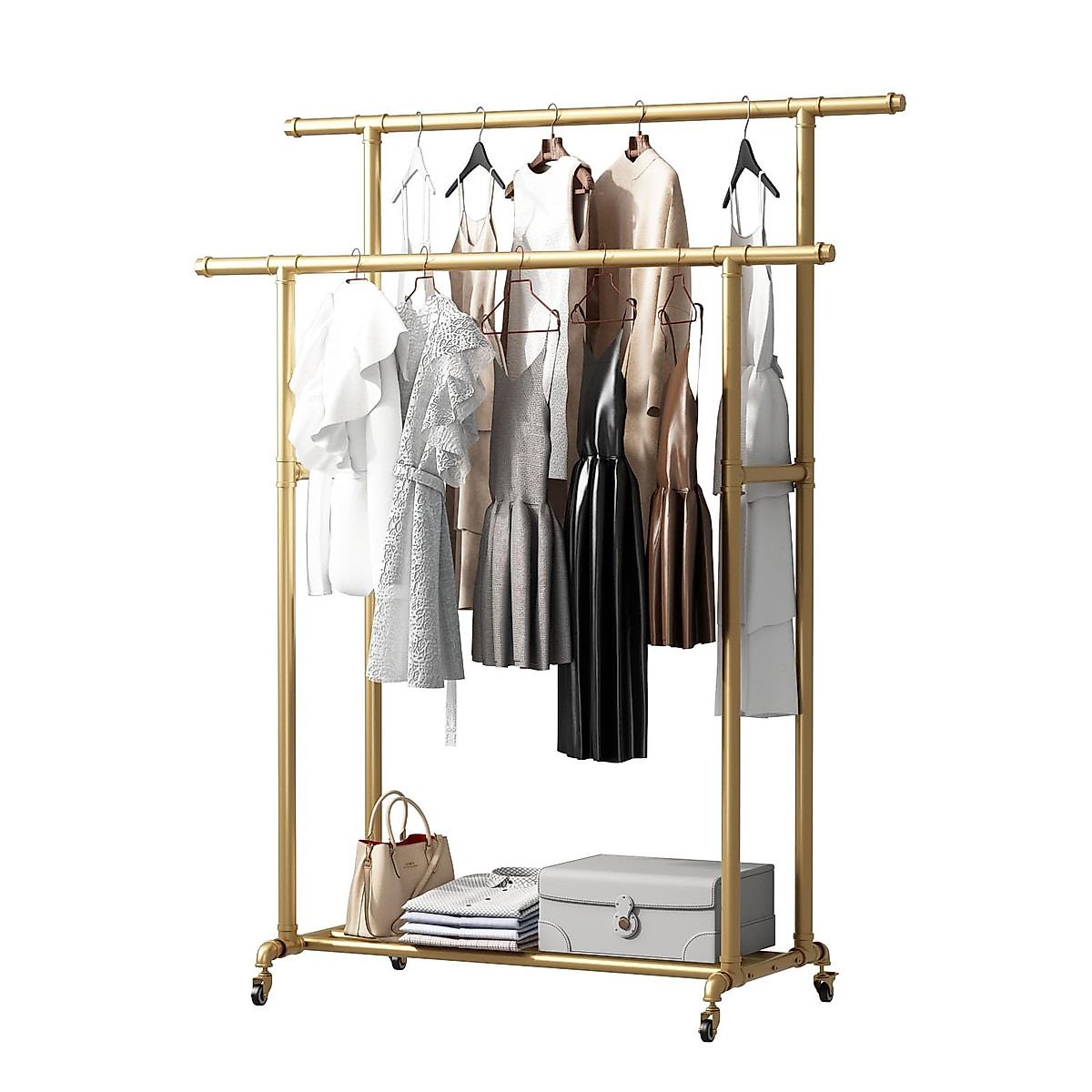 BOSURU Double-Rod Gold Clothes Racks, Industrial Pipe Clothing Rack with Wheels, Garment Rack with Shelf and 2 Side Rods, Loads up to 220 lb, for Bedroom, Clothing Store, Gold