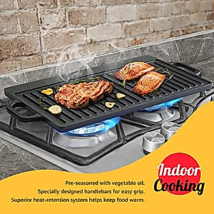 Overmont Pre-seasoned 17x9" Cast Iron Reversible Griddle Grill Pan with handles for Gas Stovetop Open Fire Oven, 1 tray