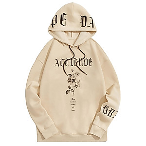 WDIRARA Men's Letter Floral Print Drawstring Long Sleeve Hoodie Casual Sweatshirt Beige L
