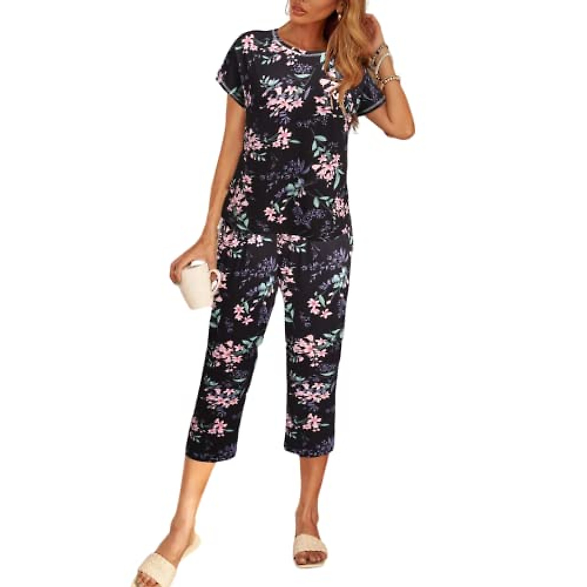 Ekouaer Women's Pajama Set Soft Short Sleeve 2 Piece Lounge Sleepwear with Pockets Black Flower L