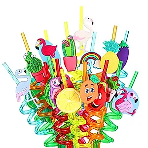 FZR Legend 24 Flamingo Fruit Cactus Reusable Plastic Straws,Hawaiian Beach Cocktail Luau Party Decorations Supplies Favors (24 SET)