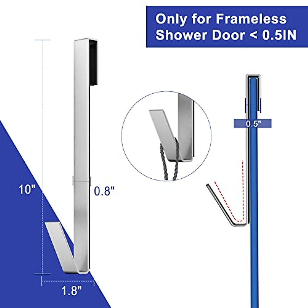 10 IN Shower Door Hooks, Towel Hooks for Bathrooms Extended Shower Hook,Heavy Duty Drilling-Free Shower Towel Hook Suitable for Frameless Glass Shower Door,Over the Door Towel Rack 3 Pack-Silver