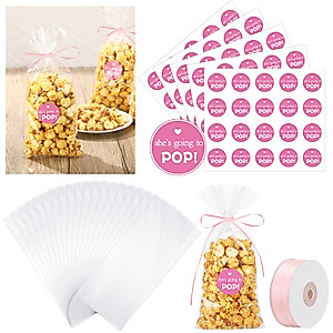 Menkxi 100 Pack Clear Popcorn Bags Bulk 4.92 x 10.83 Inch Cellophane Treat Bags with She Is Going to Pop Label and Ribbon Plastic Popcorn Bags for Gift Wrapping, Food Storage, Baby Shower Decor(Pink)