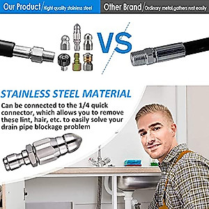 100FT Sewer Jetter Kit for Pressure Washer, 5800PSI Drain Cleaner Hose 1/4 Inch NPT Corner, Rotating and Button Nose Sewer Jetting Drain Jetter Hose Nozzle Pearl Corsage Pin Spanners Waterproof Tape