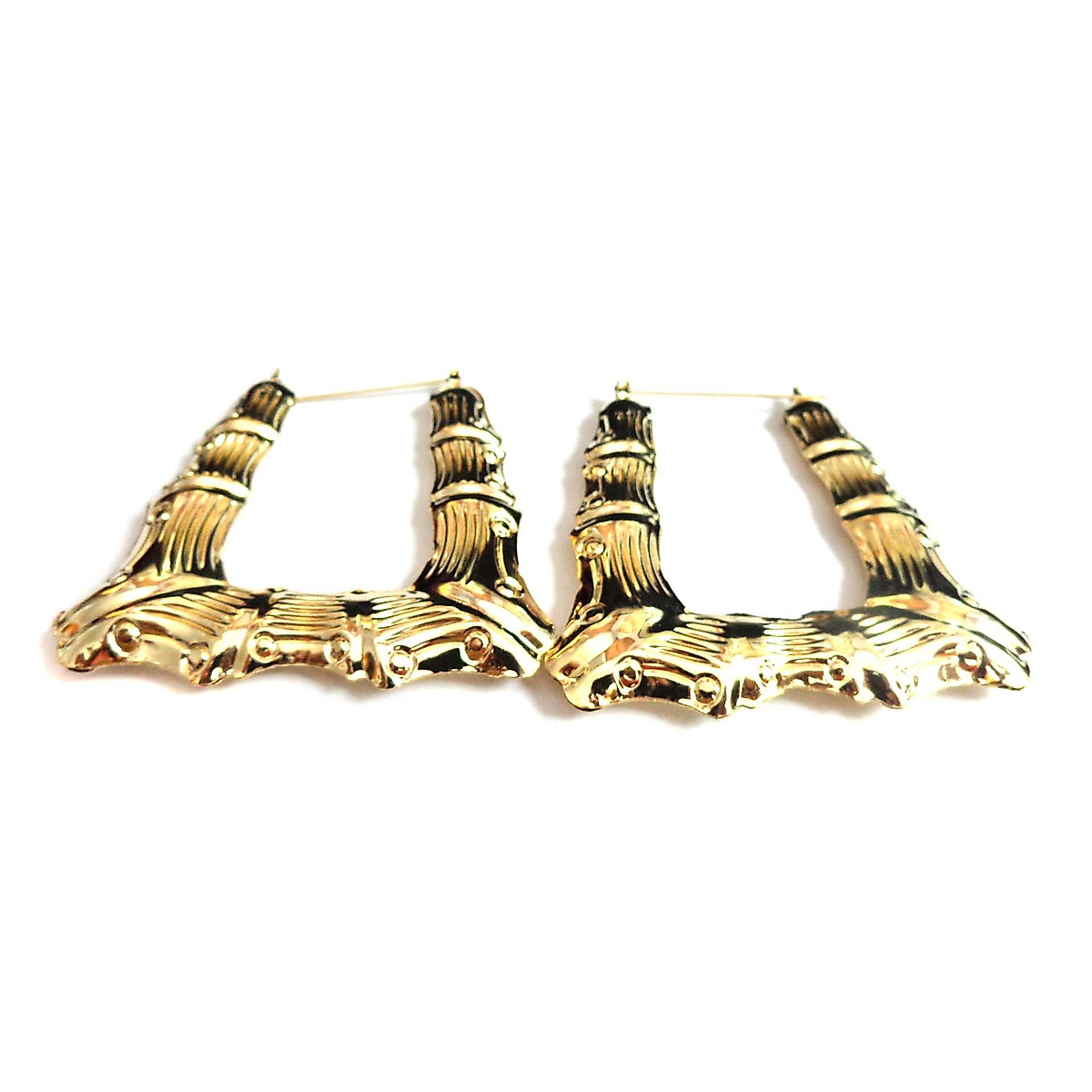 Bamboo Hoop Earrings Silver or Gold Tone Earrings 3 inch Puffy Square Hoops (Gold)