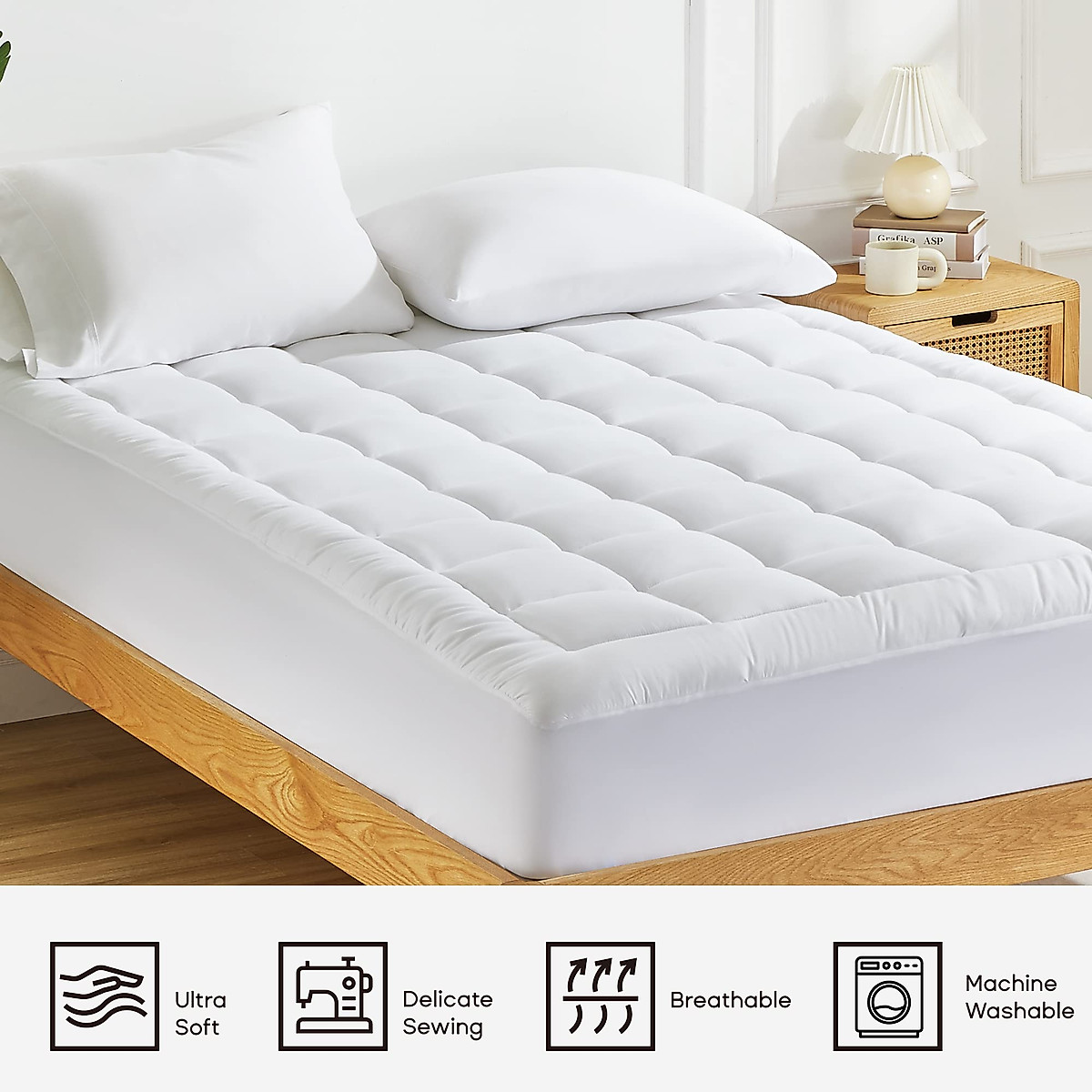SONIVE Bedding Mattress Pad Soft, Fluffy Pillow Top Mattress Cover, Cooling and Breathable Mattress Topper, Streches up to 21 Inches Mattress Cover, Machine Washable (White, Queen)