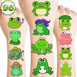 Frog Temporary Tattoos Birthday Themed Party Supplies Decorations Favors Cute Stickers Tattoo 8 Sheets 96 PCS Gifts for Kids Girls Boys Decor Class School Reward Carnival Christmas