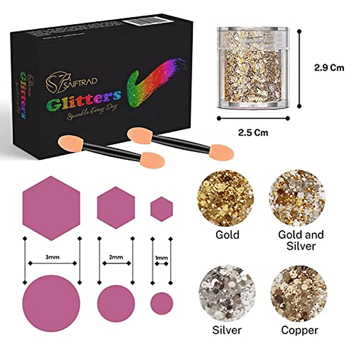 SAIFTRAD Glitter- 8 Jars Gold Silver Holographic Cosmetic Chunky Sequins Glitter Paillette for Body, Face, Eyes, Hair, Nail Art & DIY (Gold, Silver) - with Nail Brush Sponge