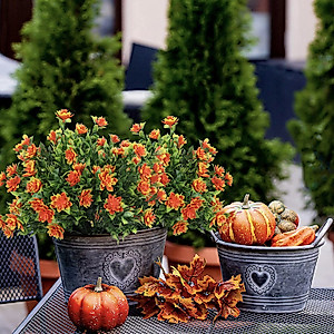 Rinlong 6Pcs Artificial UV Resistant Flowers Outdoor Fake Mums Plants Orange Plastic Flowers Plants Faux Flowers Fall Decor for Clearance Outdoor