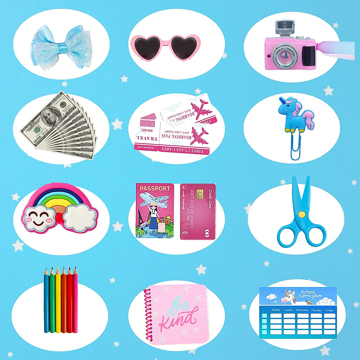 XFEYUE 32 pcs American Doll Clothes and Accessories 18 Inch Doll Luggage and School Play Set - Suitcase, School Sets, Camera, Handbag, Sungalsses, Fit 18 inch Doll