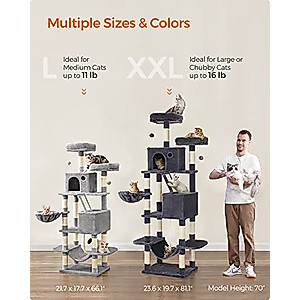 Feandrea Cat Tree, 81.1-Inch Large Cat Tower with 13 Scratching Posts, 2 Perches, 2 Caves, Basket, Hammock, Pompoms, Multi-Level Plush Cat Condo for Indoor Cats, Smoky Gray UPCT190G01