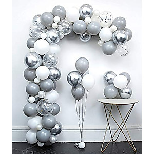 Light Grey Metallic Silver White Balloon Garland Arch Kit 110Pcs Chrome Confetti,Tying Tools+Decorating Strip+Points Stickers+Flower Clips+Ribbon DIY Wedding Decoration Kits Birthday Party