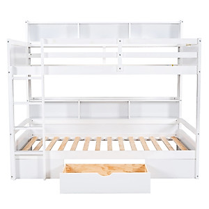 Harper & Bright Designs Bunk Bed Twin Over Twin with Storage,Wood Twin Bunk Beds with Built-in Shelves Beside Both Upper & Down Bed,Multi Storage Bunk Beds with Drawer for Kids Girls Boys,White