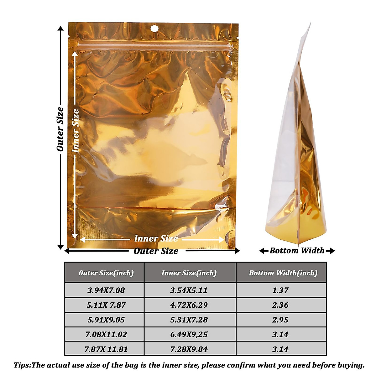 100 Pack Mylar Bags for Food Storage Resealable Aluminum Foil Stand Up Pouch with Window & Hang Hole 3.94×7.08 Inch Reusable Zipper Lock Food Packaging Heat Seal Bags for Small Business & Home - Gold