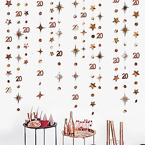 Rose Gold 20th Birthday Decorations Number 20 Circle Dot Star Garland Metallic Hanging Streamer Bunting Banner Backdrop for Women Mens Twenty Year Old Birthday Happy 20th Anniversary Party Supplies