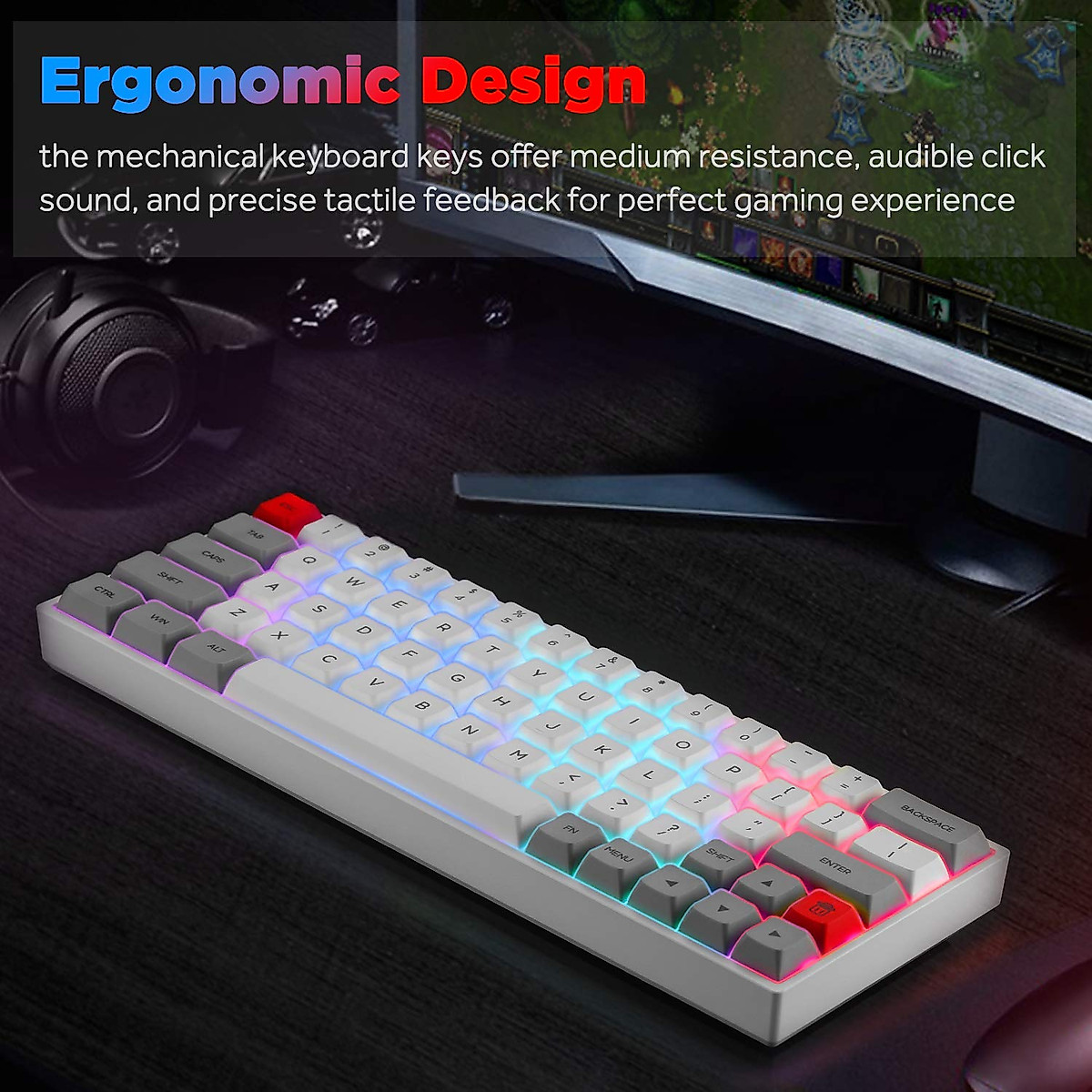 COSTOM SK64 60% Mechanical Gaming Keyboard, 61 Keys Multi Color RGB Illuminated LED Backlit Wired Programmable with PBT Heat Sublimation Keycaps for PC/Mac Gamer (Gateron Brown Switch)
