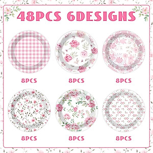Justforjoyful 48Pcs Floral Paper Plates Pink Rose Party Decoration Disposable Vintage Flower Party Dinnerware Tableware Set Tea Party Dinner Plate for Birthday Wedding Baby Shower Party Supplies 7in
