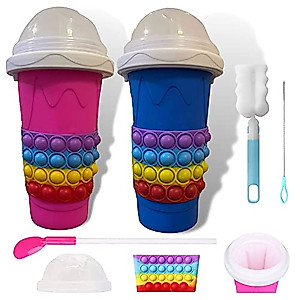 Pink Instant Slushie Cup,1 Pack Slushy Cup Maker Tiktok, Slush Squeeze Cup for Quick Diy with Straw Spoon, Cup Brush, Straw Brush, & Pop-It Cup Sleeve