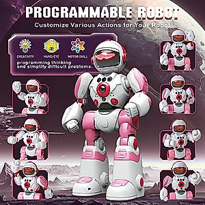 FUUY Robot for Kids 3-5, Robot Toys for Girls with Record Voice & Gesture Sensing Control Programmable Music Dancing Functions Smart Pink Warrior Birthday Gift Toys for Toddler Age 3 4-6 5-7 Year Old