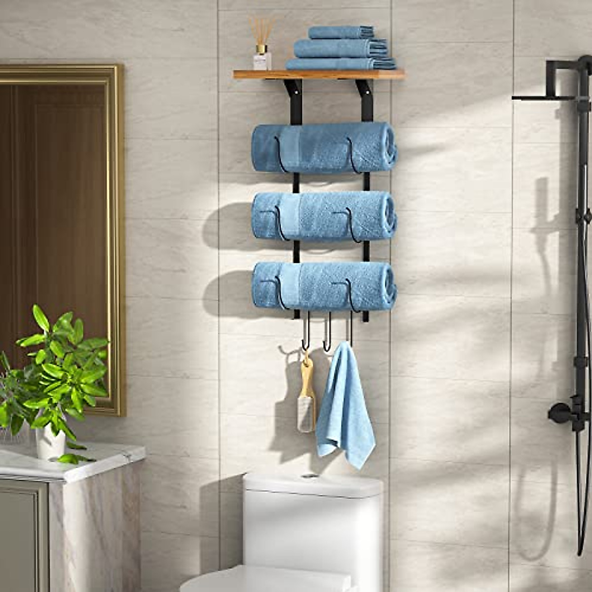 Towel Racks for Bathroom, Towel Holder for Bathroom Wall, Holder Storage with Wooden Shelf and 3 Hooks for Large Small Towels,Yoga Mat Foam Roller